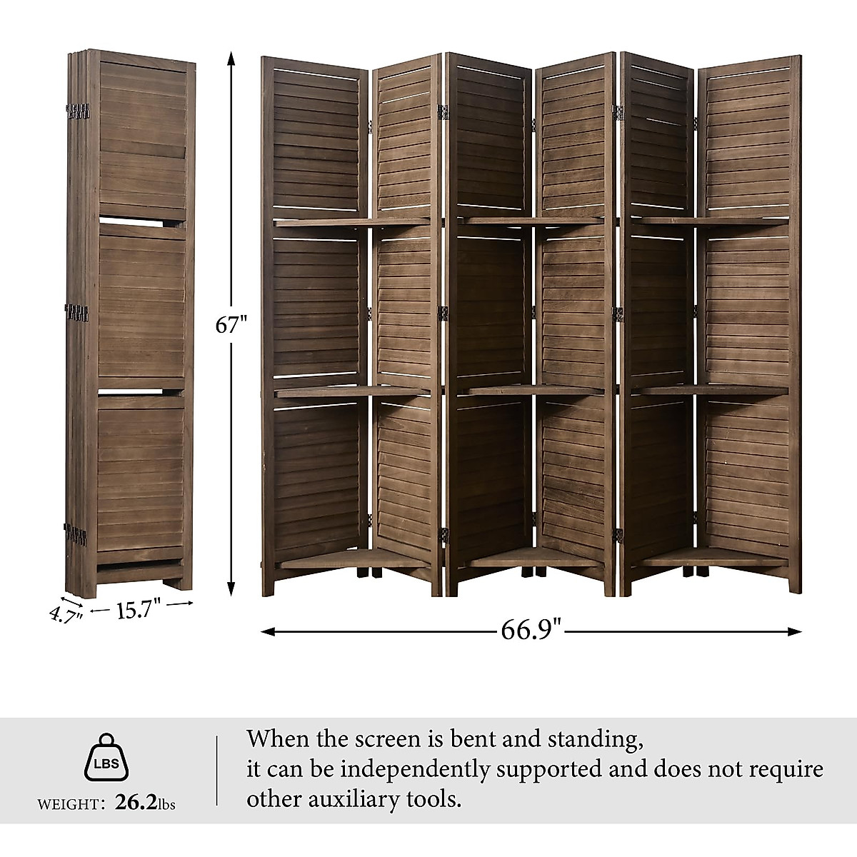 Partition Room Dividers, Folding Wood Privacy Screen with Three Display Shelves Suitable for Home Office, Study, Art Display - 6 Panel, 67 * 77inch (Brown)