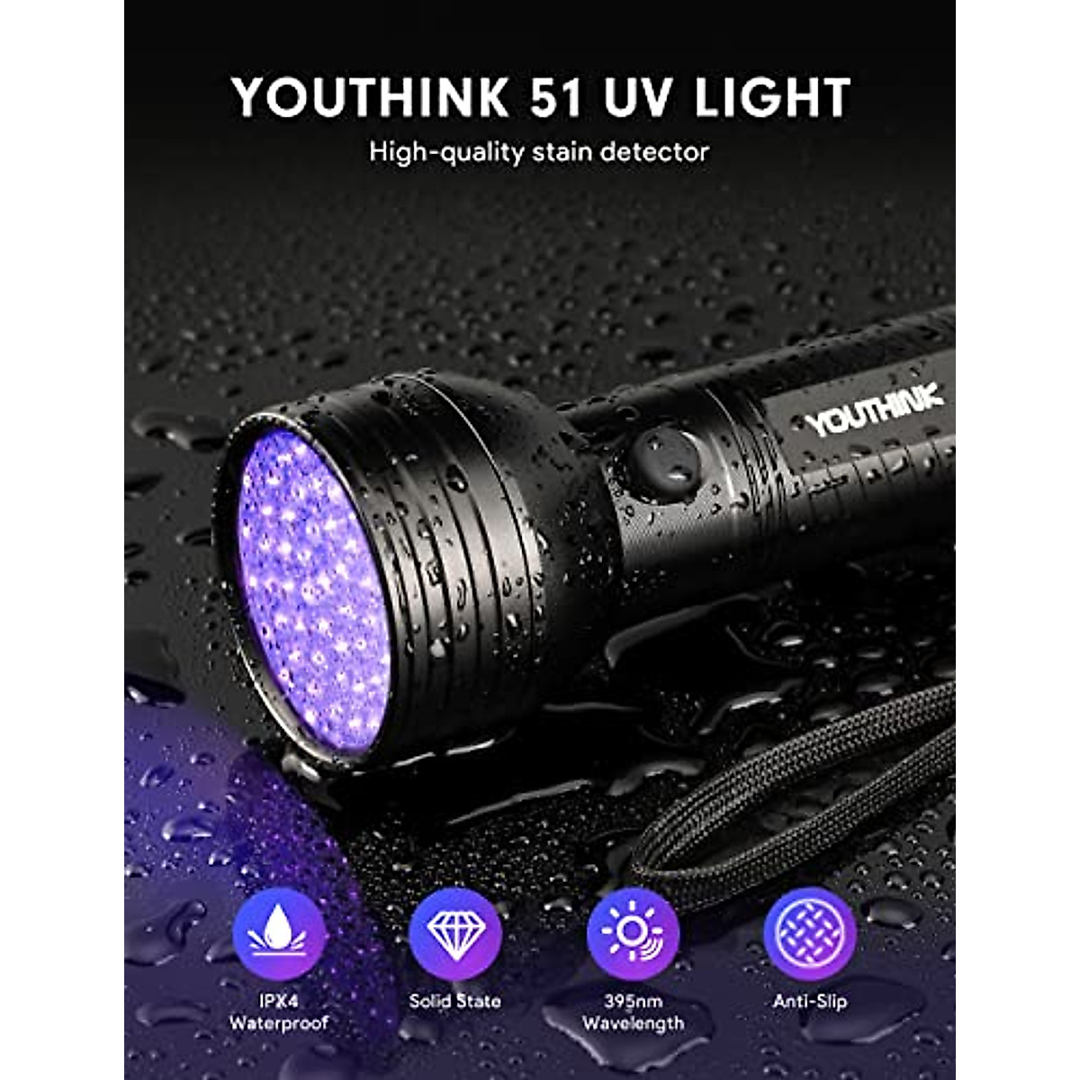 YOUTHINK Black Light, 51 LED UV Flashlights for Home &Hotel Inspection, Portable Black Light for Pet Urine Detection,Dry Stains,Bed Bug, Matching with Pet Odor Eliminator