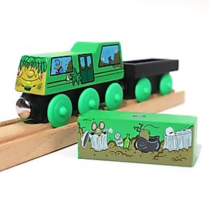 Wooden Garbage Truck Toy - Trashy Terry - Zany Trains Series 1 - Wooden Train Set with Cargo - Compatible with All Wooden Train Sets - Wooden Toddler Recycling Vehicle - Gross Trash Train