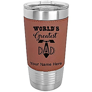 LaserGram 20oz Vacuum Insulated Tumbler Mug, World's Greatest Dad, Personalized Engraving Included (Faux Leather, Dark Brown)