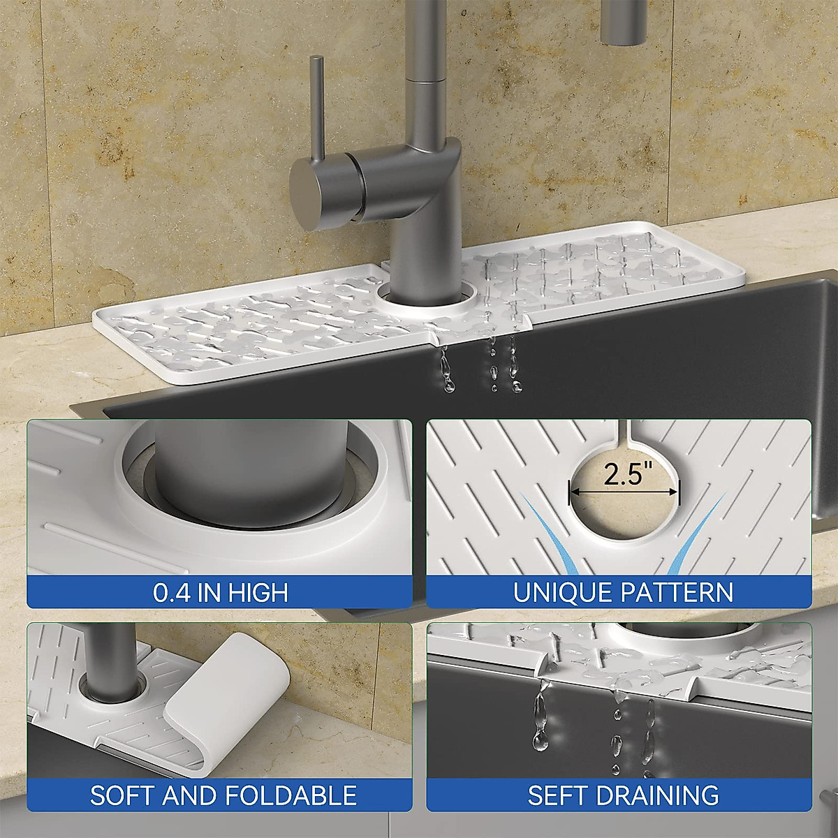 Silicone Faucet Splash Guard, Sink Protectors for Kitchen Sink, 17.71” x 5.9”, Sink Splash Guard Behind the Faucet, Keep Kitchen and Bathroom Sinks Dry,White