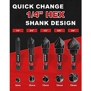 EZARC Countersink Drill Bit Set for Metal, 5PCS Countersunk Bits 82 Degree 5 Flute, 1/4” 3/8” 1/2” 5/8” 3/4”, 1/4 Inch Hex Shank Countersunk Bit Set