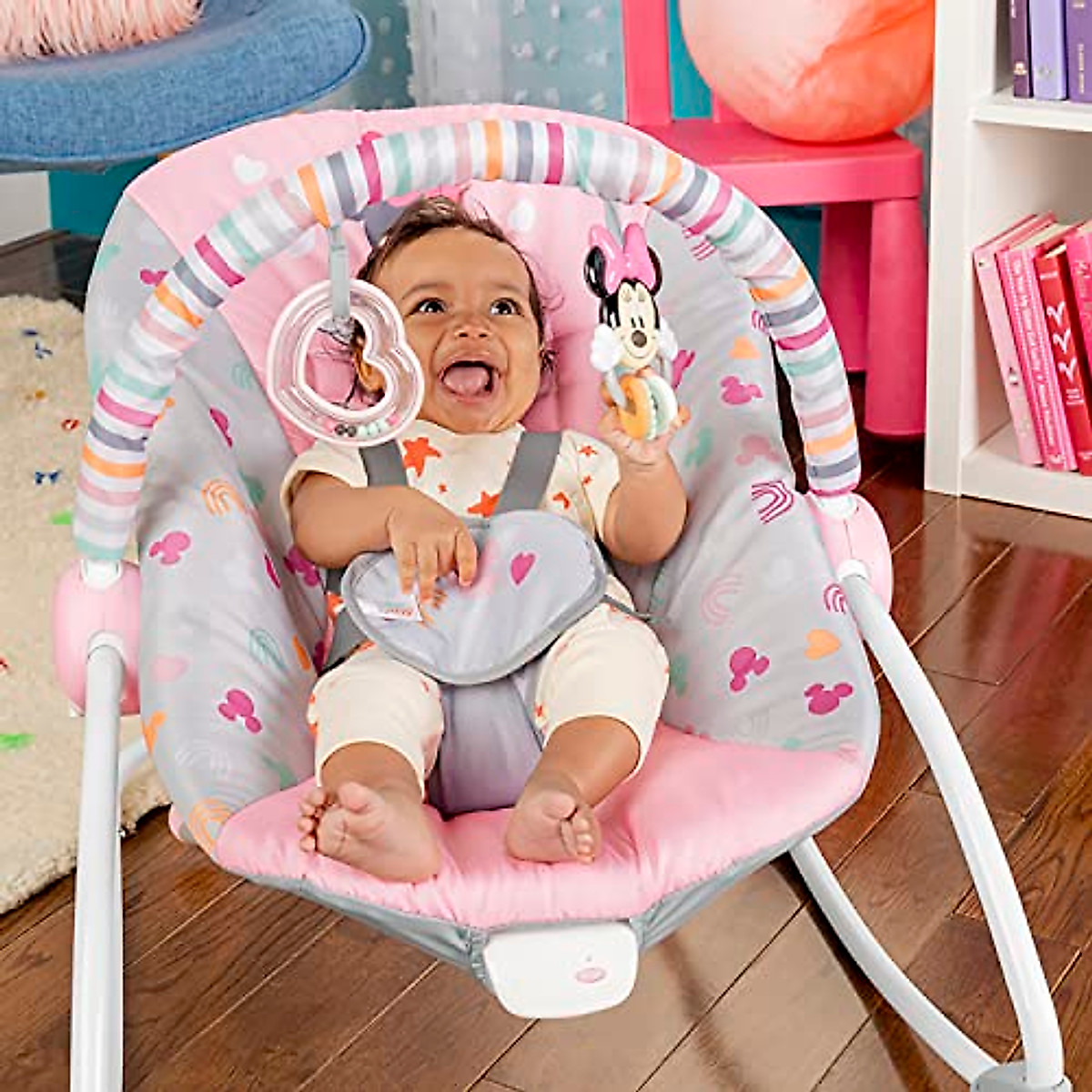 Bright Starts Disney Baby Minnie Mouse Infant to Toddler Rocker with Vibrations and Removable-Toy Bar - Forever Besties, Newborn +