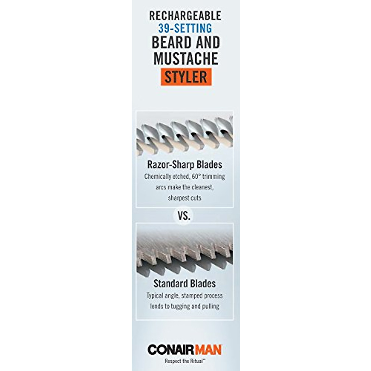 ConairMAN Cordless Beard & Mustache Trimmer for Men, 39 Total Settings with Hair Collector