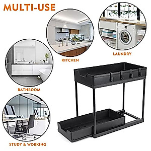 Under Sink Bathroom Cabinet Organizer, Double Sliding out Drawer Kitchen Organization, Multi-use For Vanity Counter Kitchen Storage with Hook, Black