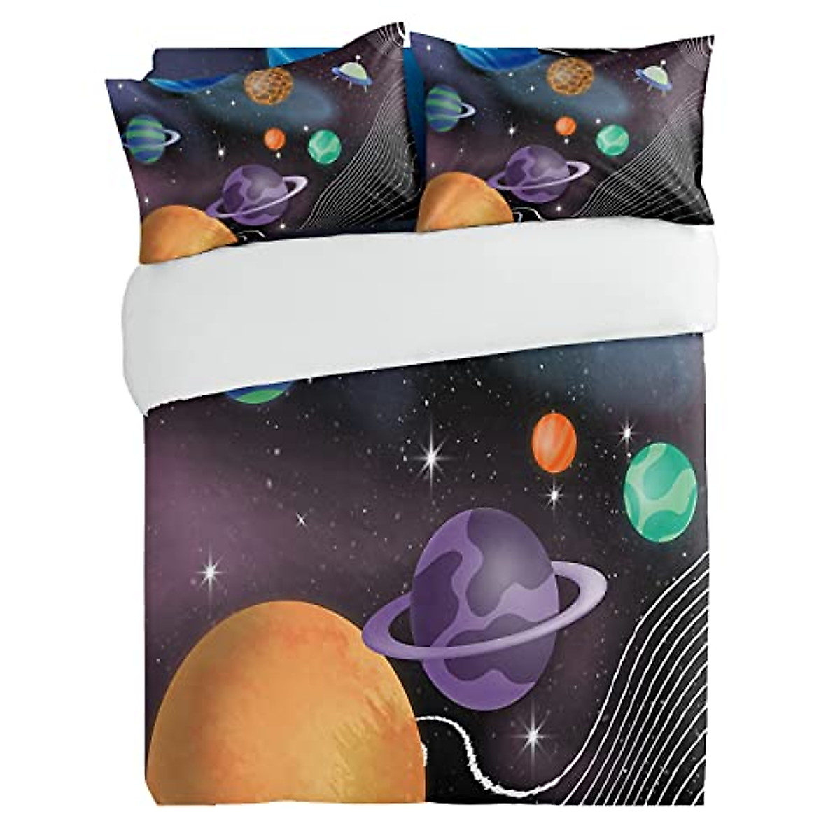 Full Duvet Covers Cartoon Universe Spaceship Planet Stars Dot 3-Piece Bedding Sets Luxury Soft Microfiber Bed Comforter Protector with Pillow Cases All Seasons Use for Women Men Girl Boy Black