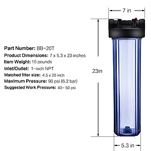 Geekpure 20 Inch Clear Whole House Water Filter Housing with Wrench Bracket -4.5" x 20" - 1" NPT Brass Port (3)