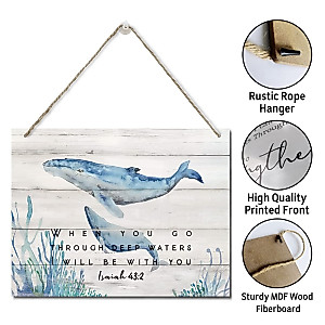 Bible Verse Printed Wood Plaque Sign Wall Hanging, Home Wall Decor When You Go Through Deep Waters I Will Be With You Scripture Rustic Hanging Wall Plaque Wood Signs, Isaiah 43:2 Christian Sign