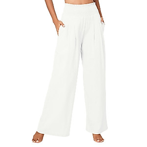 Urban CoCo Women's Elastic High Waist Light Weight Loose Casual Wide Leg Trousers Long Pants with Pocket (XL, White)