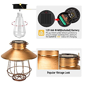 Solar Light Outdoor, 2 Pack Retro Metal Wireless Hanging Solar Lanterns with Warm White Edison Bulb Waterproof for Gazebo Garden Yard Farmhouse Decor (Bronze)