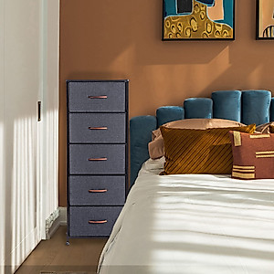 DHMAKER Fabric Dresser for Bedroom, Vertical Dresser with 5 Drawers, Storage Tower with Fabric Organizer, Tall Dresser, Dresser & Chests of Drawers for Closet, Nursery Hallway, Dark Indigo