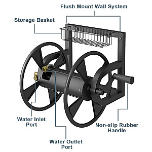 Artigarden Outdoor Garden Hose Reel Wall Mount, Heavy-Duty Water Hose Holder Winder with 3.9 ft Leader Hose, Brass Fitting and Storage Basket for Yard, Holds 125 Feet of 5/8-Inch Hose, Black