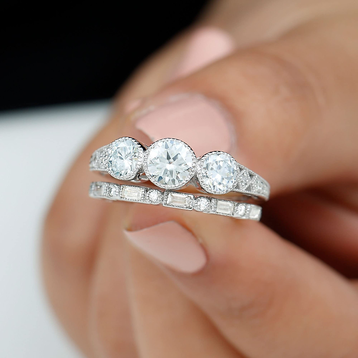 3.25 CT Moissanite Wedding Ring Set, Three Stone Moissanite Ring Set for Women, Gold Moissanite Bridal Ring Set, Certified Moissanite Ring Set, 14K White Gold, Size:US 9.00