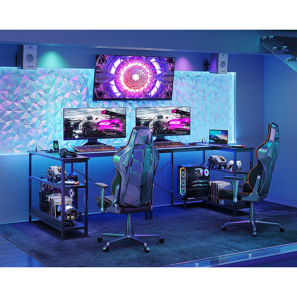 ODK 40 Inch Small L Shaped Gaming Computer Desk with Power Outlets, Corner Desk with Reversible Storage Shelves & PC Stand for Small Space, Modern Simple Home Office Table, Carbon Fiber Surface, Black