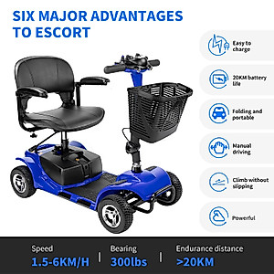 1inchome 4 Wheel Mobility Scooter, Electric Power Mobile Wheelchair for Seniors Adult with Lights- Collapsible and Compact Duty Travel Scooter w/Basket Extended Battery Light Blue