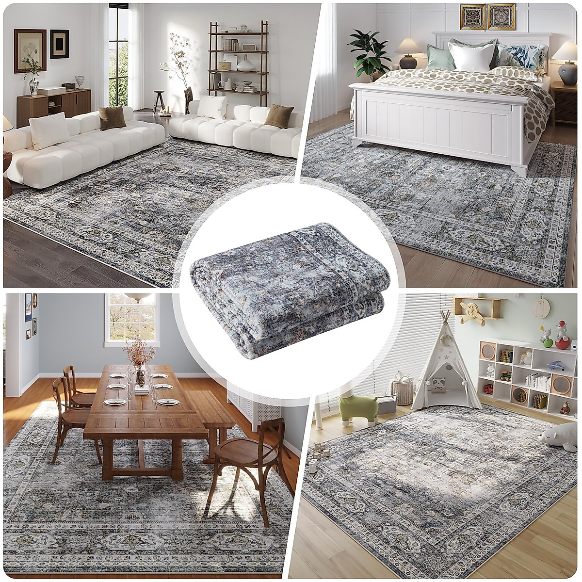 Rugcomf Area Rug 5x7 Washable Rug Boho Rug Soft Non-Slip Non-Shedding Faux Wool Vintage Rug for Living Room, Bedroom Rug, Farmhouse, Dining Room, Indoor, Kids Playroom (Grey and Brown)