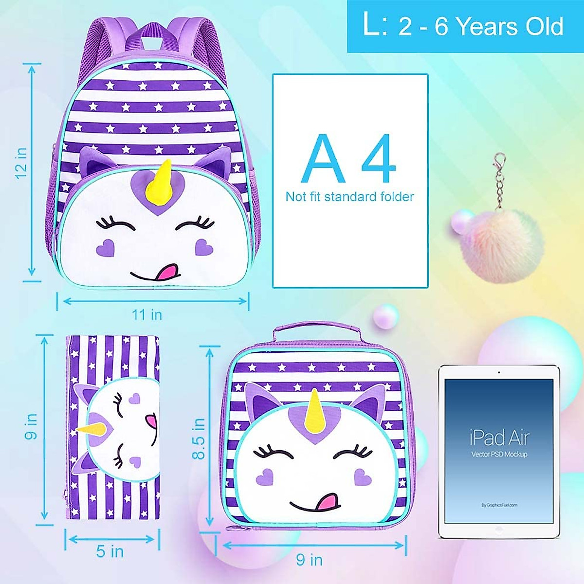 FTJCF 3PCS Toddler Backpack for Girls, 12" Unicorn Kindergarten Bookbag, Preschool Kids School Bag with Lunch Box - Purple