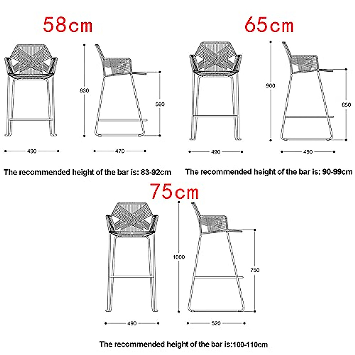 MMQQ Beige Bar Chairs Outdoor Patio Wicker Rattan Barstools Chair with Footrest & Back, Counter Height Kitchen Stools with Black Metal Leg, for Kitchen/Pub/Café