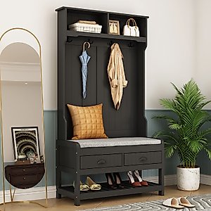 Homsee Modern Hall Tree with Storage Bench, 4-in-1 Entryway Bench with Coat Rack, Tall Hall Tree with 4 Metal Double Hooks, Shelves & 2 Drawers for Hallway, Living Room, Black