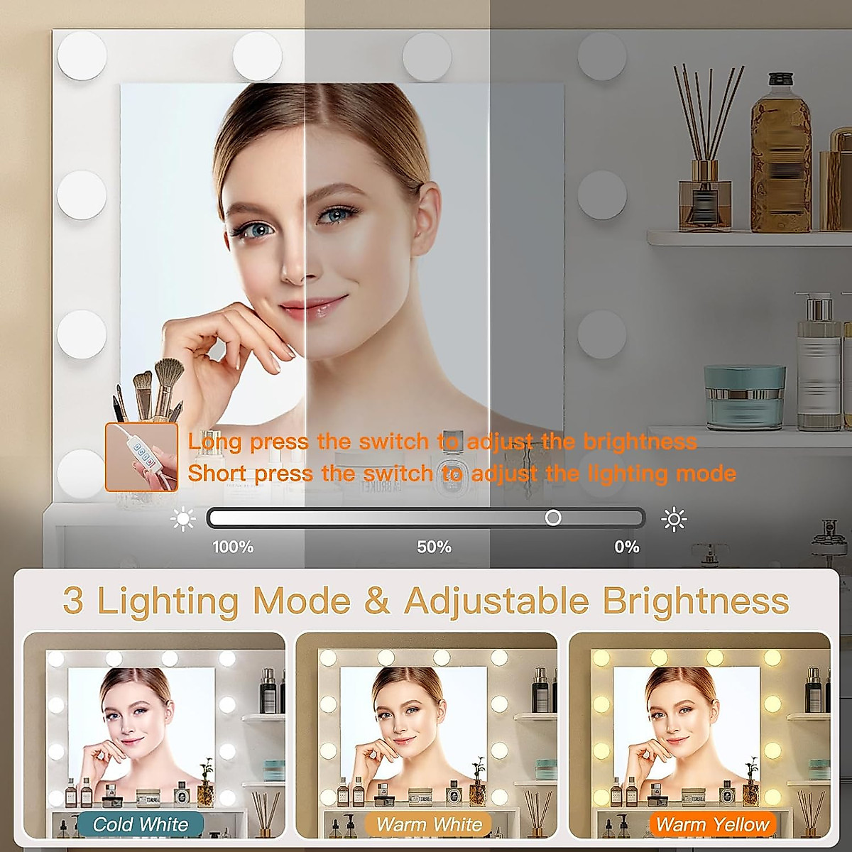 Quimoo Makeup Vanity Desk with Mirror & Lights, Vanity Desk with 5 Drawers & Storage Shelves, Vanity Table, 3 Color Modes & Adjustable Brightness Dressing Table, Bedroom