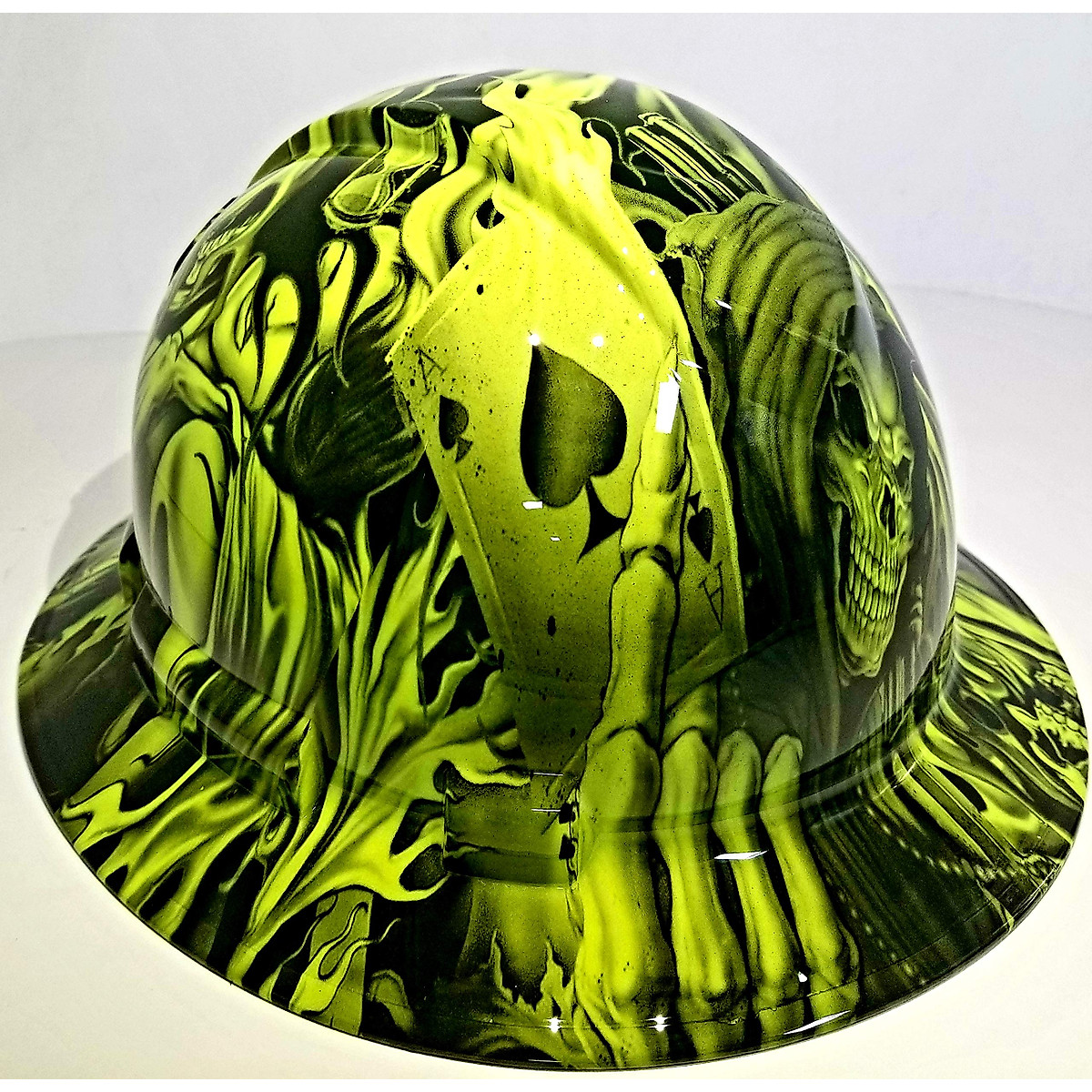 Wet Works Imaging Customized Pyramex Full Brim Hydro Dipped in Green ACE of Skulls Hard HAT with Ratcheting Suspension Custom LIDS Crazy Sick Construction PPE
