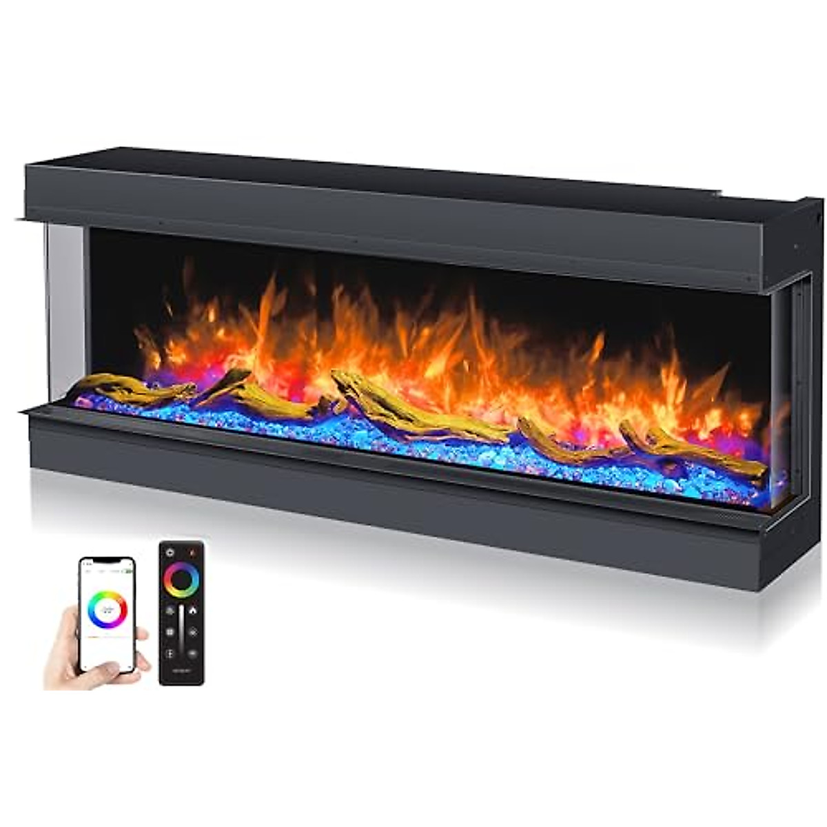 3-Sided Electric Fireplace Heater 80" Smart WiFi- Enabled Electric Fireplace Unit with 251 Color Flames Combinations, 3000/1500Watt Heater Wall Mount & Recessed Fireplace Inserts -Black