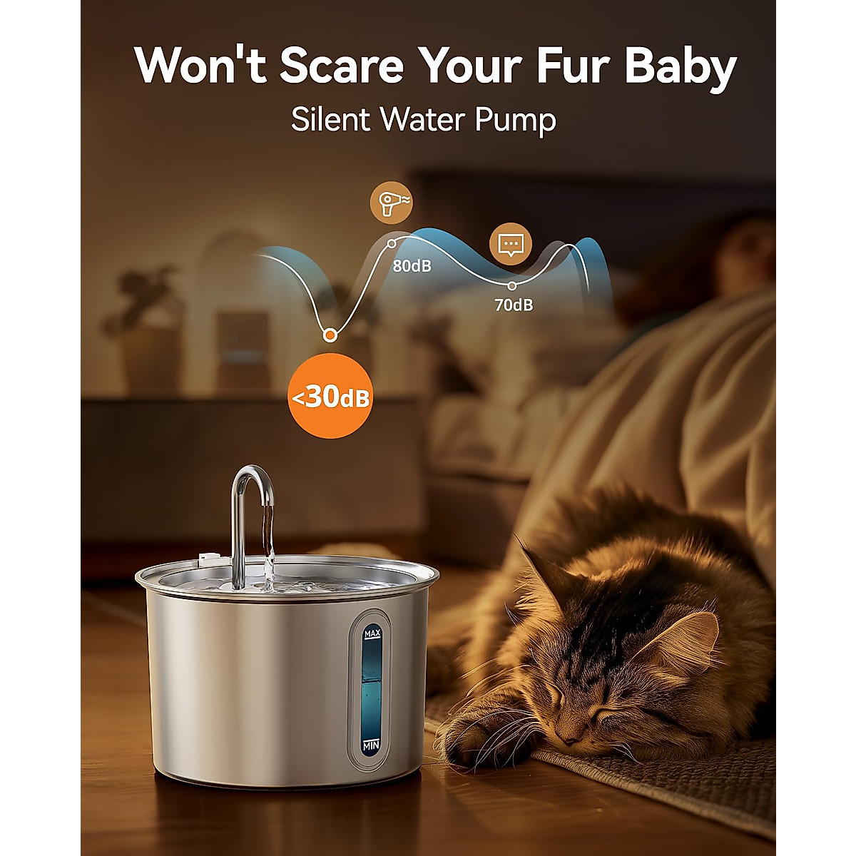 oneisall Stainless Steel Cat Water Fountain, 2L Water Fountains for Cats Indoor Dishwasher Safe with Quiet Pump and 3 Replacement Filters, Automatic Pet Water Fountain Faucet Spout Design