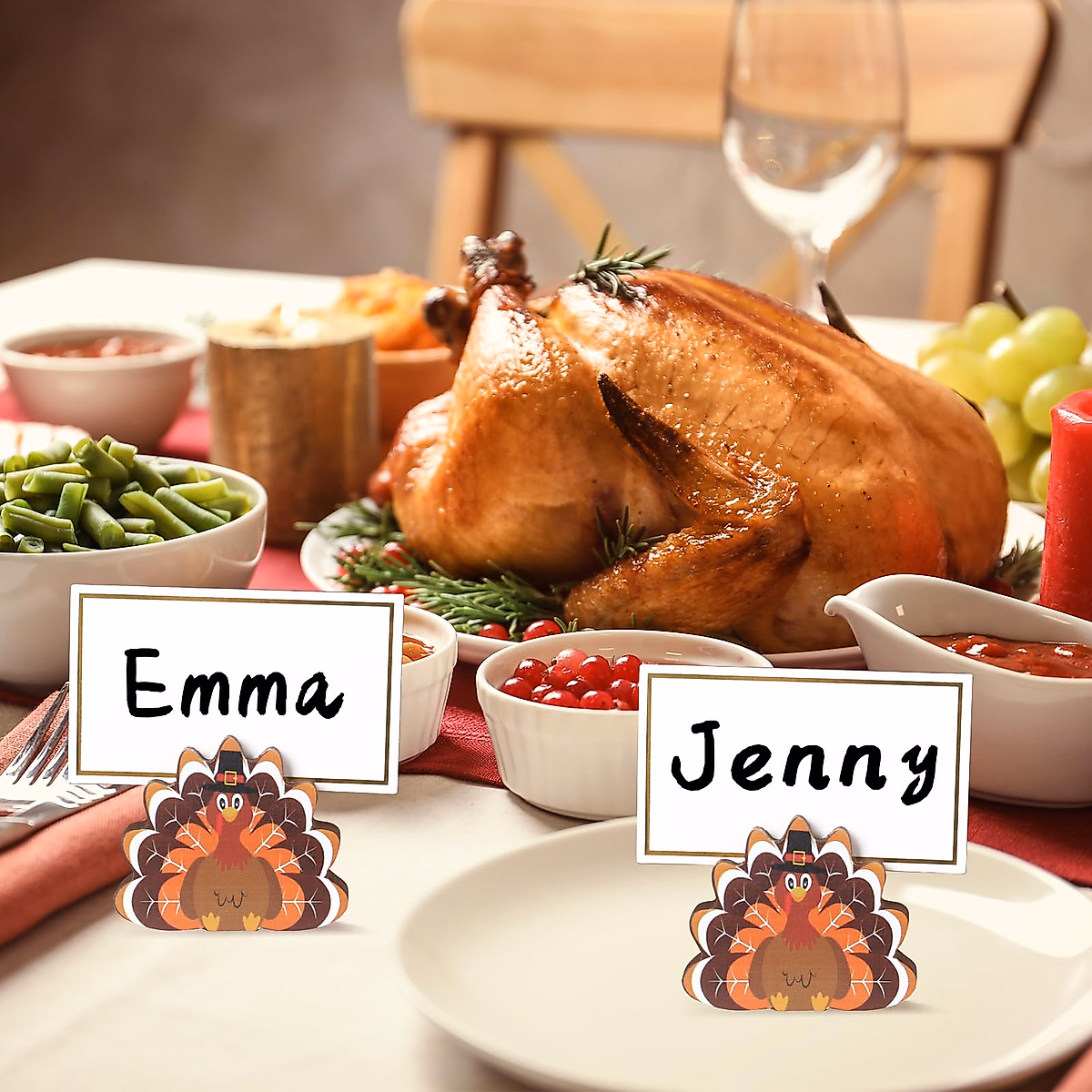 Tkifoda 18 Pcs Fall Turkey Place Card Holders with Card Harvest Thanksgiving Place Cards Mini Turkey Name Card Photo Picture Stand Holder for Fall Thanksgiving Table Decorations Wedding