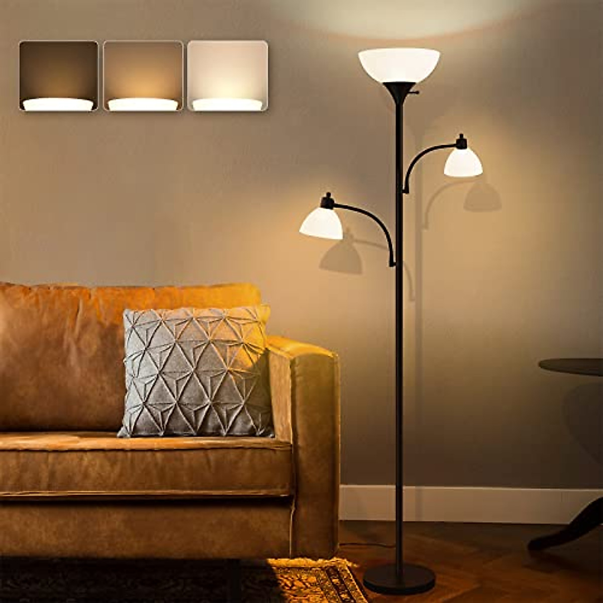 Isloys Floor Lamp, Torchiere Bright Floor Lamp with 2 Reading Lamps for Living Room, Led Floor Lamp with 3 Levels Dimmable Brightness, Industrial Floor Lamp for Reading Offices(3 Bulbs Included)