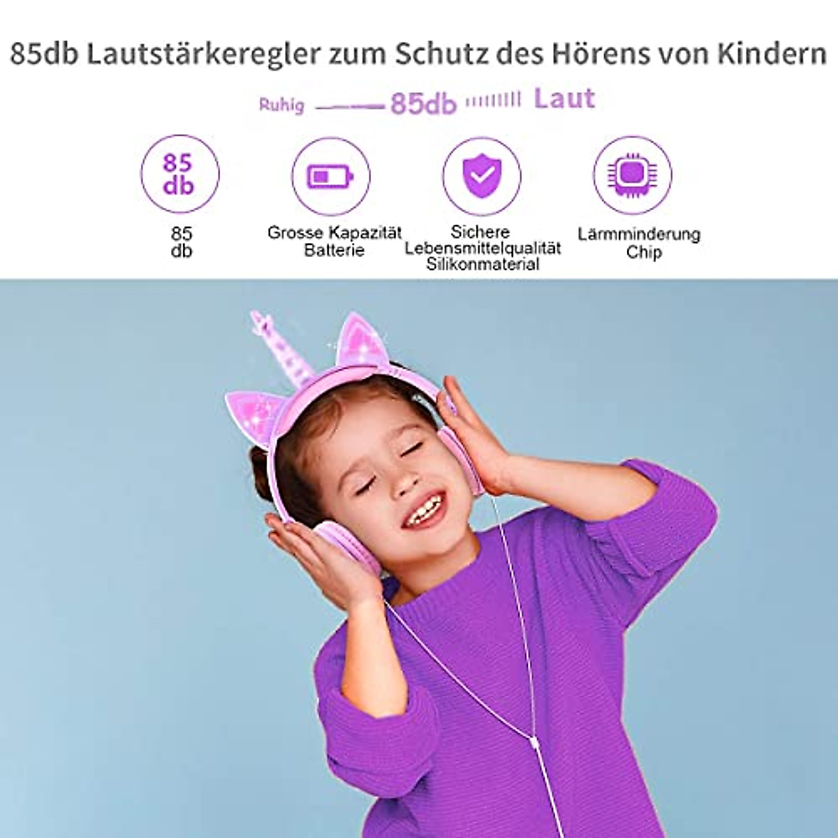 LOBKIN Unicorn Kids Headphones Cat Ear, Wired Toddler Headphones with LED Light Up, 85dB Volume Limited, Foldable 3.5mm Jack Girls Headphones for School/Travel/iPad/Tablet - Purple