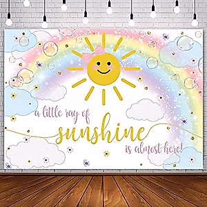 Sendy 7x5ft Rainbow Sunshine Baby Shower Backdrop A Little Ray of Sunshine is Almost Here Oh Baby Party Decorations Banner Cloud Bubble Gold Glitter Photography Background Cake Table Props Supplies