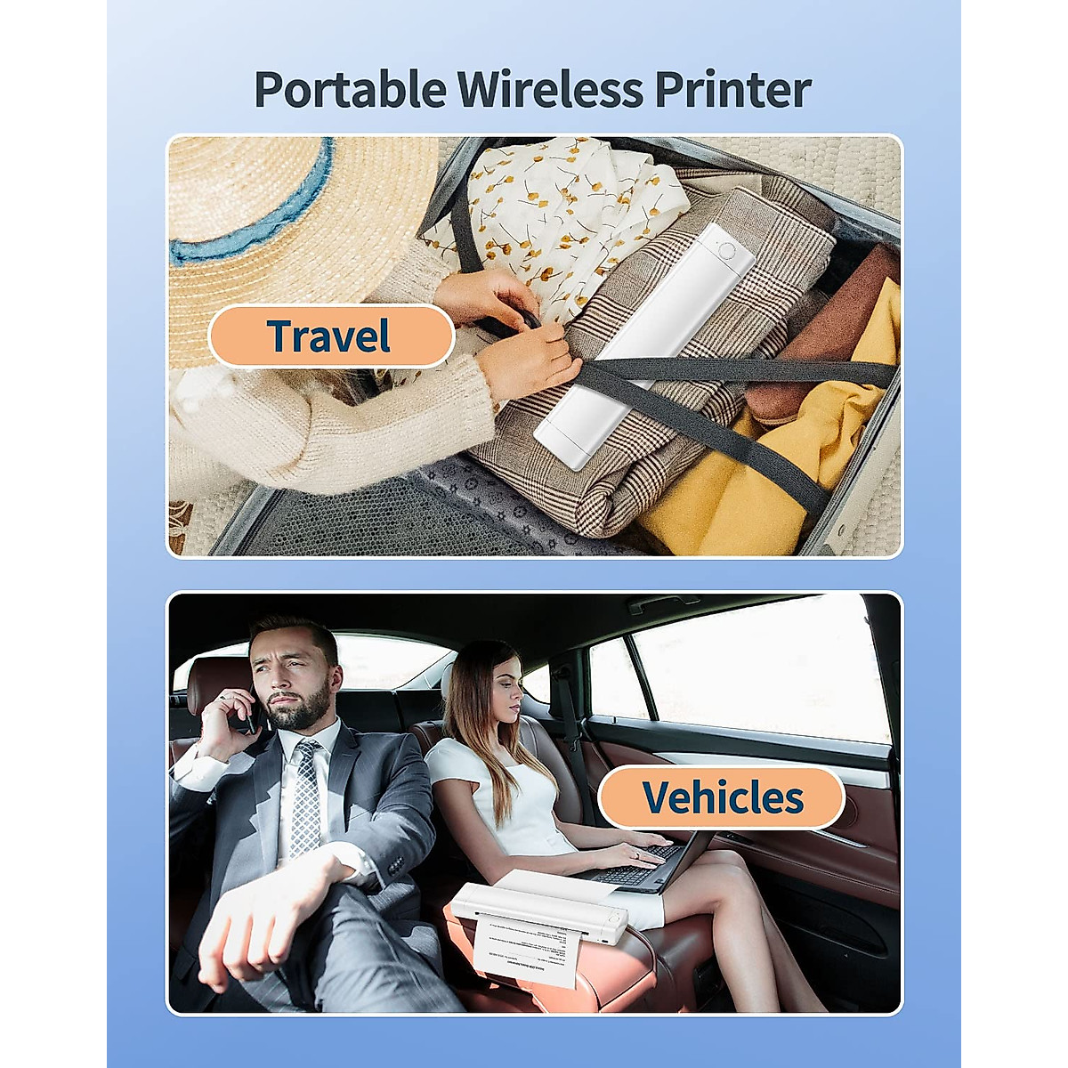 Odaro M08F Portable Wireless Letter Printer for Travel, Bluetooth Thermal Inkless Small Printer, Support 8.5" X 11" Letter Size Thermal Paper, Work with Laptop Phone and Pad - White