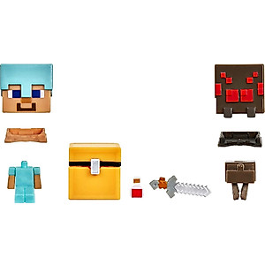 Minecraft Mob Head Minis Spider Slayer Steve Pack with 2 Action Figures & Accessories, Incudes Authentic Pixelated Video-Game Characters Steve & Spider, Collectible Gift for Fans Age 6 Years & Older