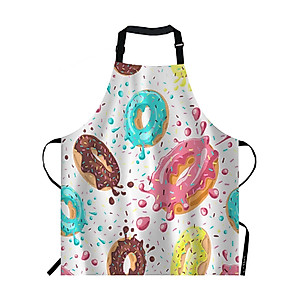 EKOBLA Donuts Aprons Pink Chocolate Lemon Donuts Dessert Colored Splashes Sprinkels Waterproof Resistant Chef Cooking Kitchen BBQ Adjustable Aprons for Women Men 27x31 Inch