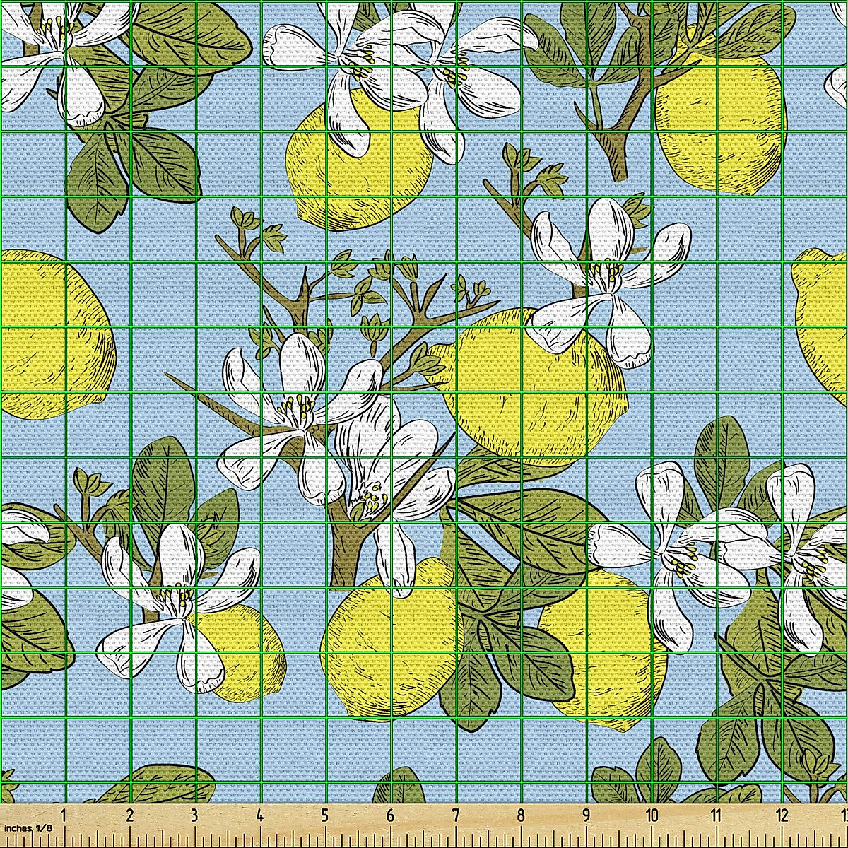 Ambesonne Botanical Fabric by The Yard, Fresh Lemon Patterns with Blossoms and Branches Botanical Spring Art, Decorative Fabric for Upholstery and Home Accents, 2 Yards, Yellow Blue