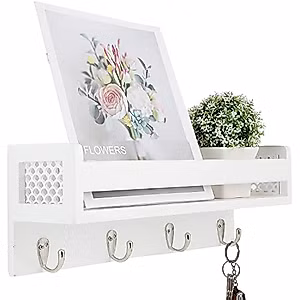 Satauko Coat Hooks Wall Mounted with Shelf, Entryway Hanging Shelf with 4 Metal Hooks, Wooden Floating Shelves for Kitchen Spice Rack Storage, White Wall Shelves Organizer for Bathroom, Bedroom.