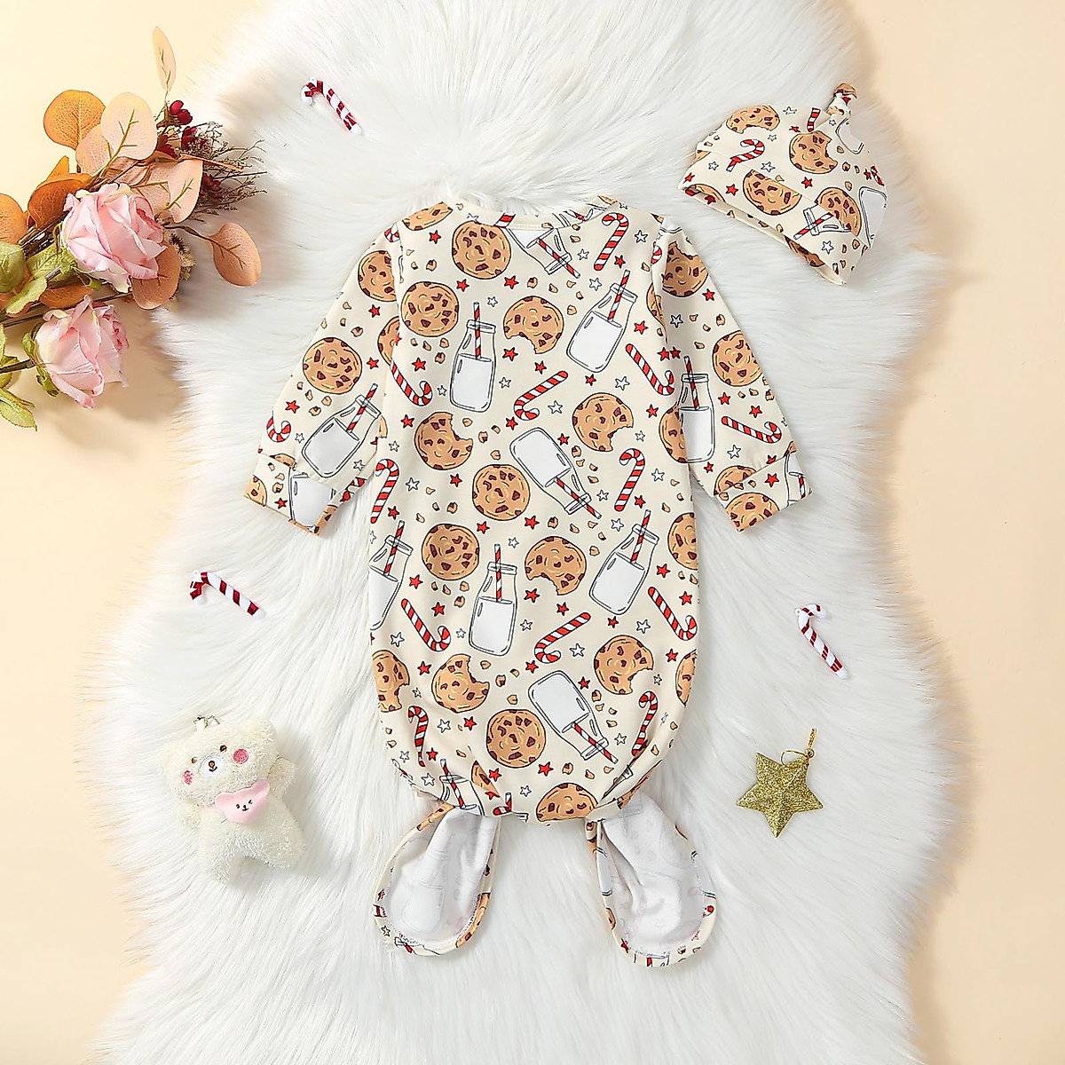 Infant Newborn Baby Girls Floral Sleep Gown Headband Sleepwear Romper Sleeping Bags Outfits (0-3 Months,Candy Cane&Cookie)