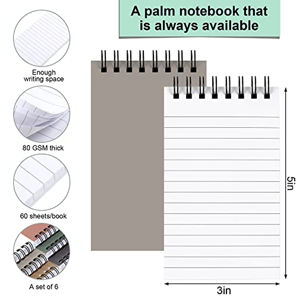 6Pcs Spiral Notebook, Double Loop Pocket Notebook, Office Style Mini Notebooks, Pocket Small Notepad, Small Notebooks 3x5, Small Spiral Notebook for Home School Office Travel Accessories - Color