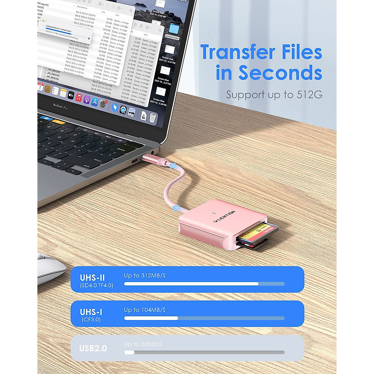 LENTION USB C to CF/SD/Micro SD Multi Card Reader, SD 3.0 Card Adapter Compatible 2023-2016 MacBook Pro 13/15/16/M1, New Mac Air/iPad Pro/Surface, Chromebook, S20/S10/Note, More (CB-C8s (Pink)