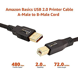 Amazon Basics USB 2.0 Printer Cable - A-Male to B-Male Cord - 6 Feet (1.8 Meters), Black