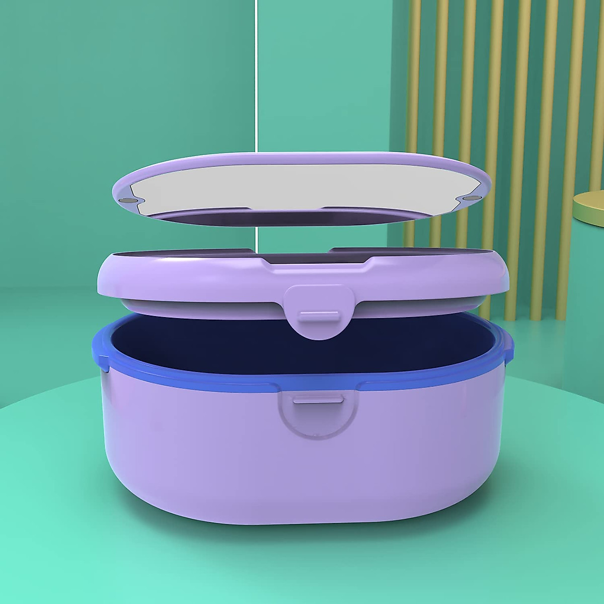 Large Denture Bath Case Cup Box Holder Storage Soak Container， Retainer Case,Mirror Orthodontics Mouth Guard Case,Suitable for Dentures, Partial Dentures, Chews and Removal Tool with Braces（Purple）…