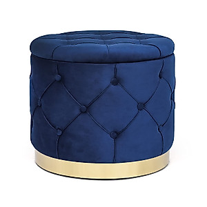 Homebeez 18.9" Round Velvet Storage Ottoman, Pre-Assembled Multi-Function Storage Vanity Stool, Button Tufted Accent Coffee Table with Golden Plate Base,Navy Blue