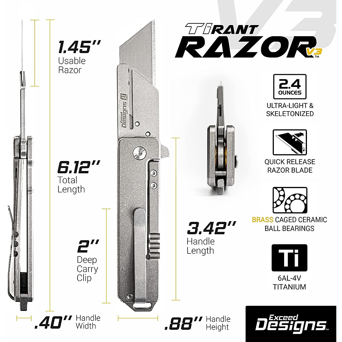 TiRant RAZOR V3 Utility Knife (Stonewashed 6AL-4V Titanium) Elite DUAL-APEX Edition EDC Box Cutter