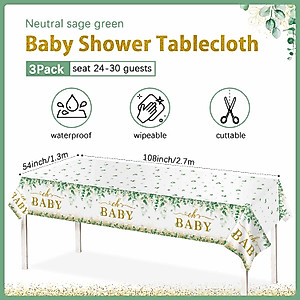 Heboland 3 Pack Sage Green Neutral Baby Shower Tablecloth Decorations, Oh Baby Large Size 54 x 108 Inch Rectangular Plastic Tablecloth Party Decor