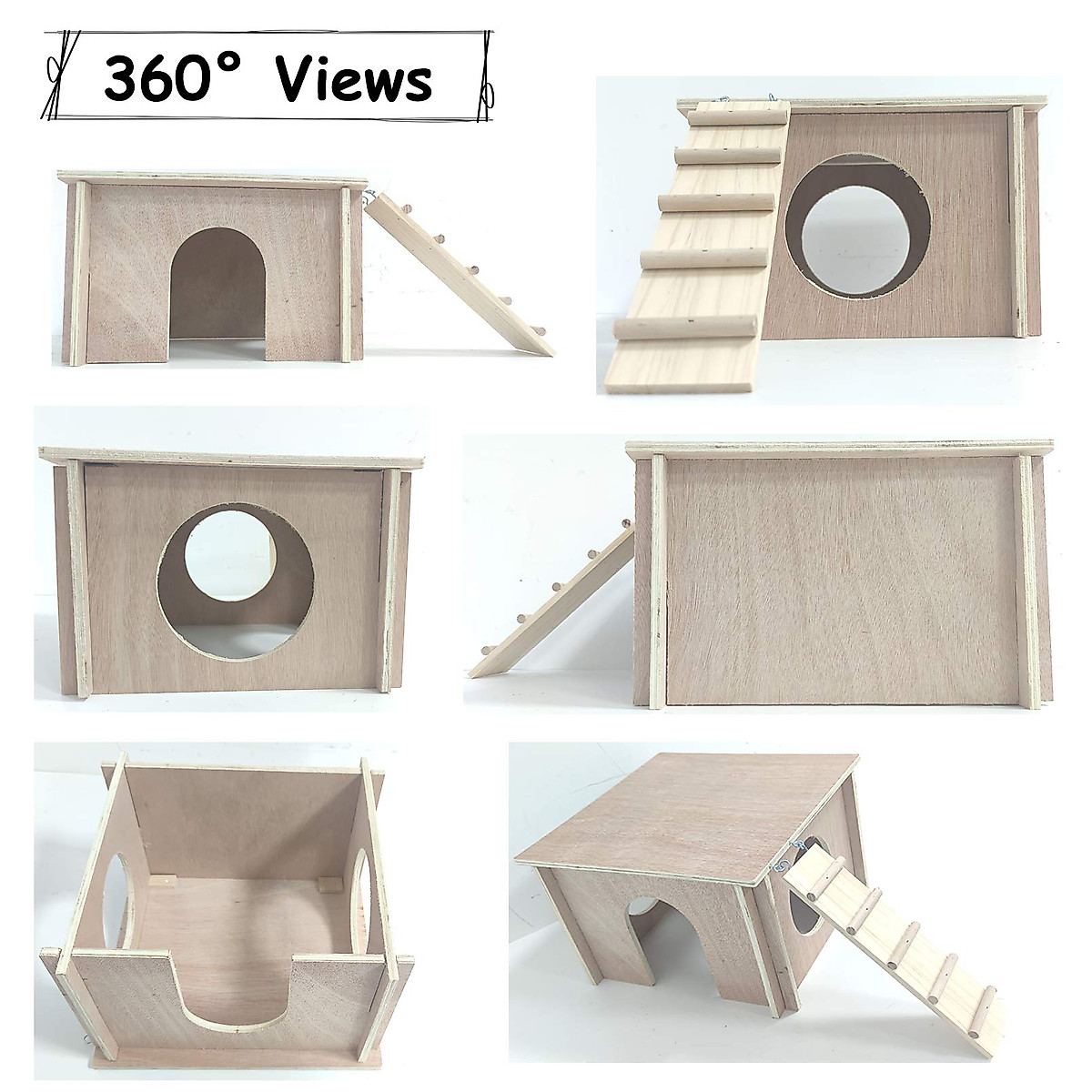 PINVNBY Guinea Pig Hideout Chinchilla Wooden House Hut with Windows Natural Handcrafted Detachable Small Animal Hideout Hut for Hedgehog Rat Hamster Gerbil