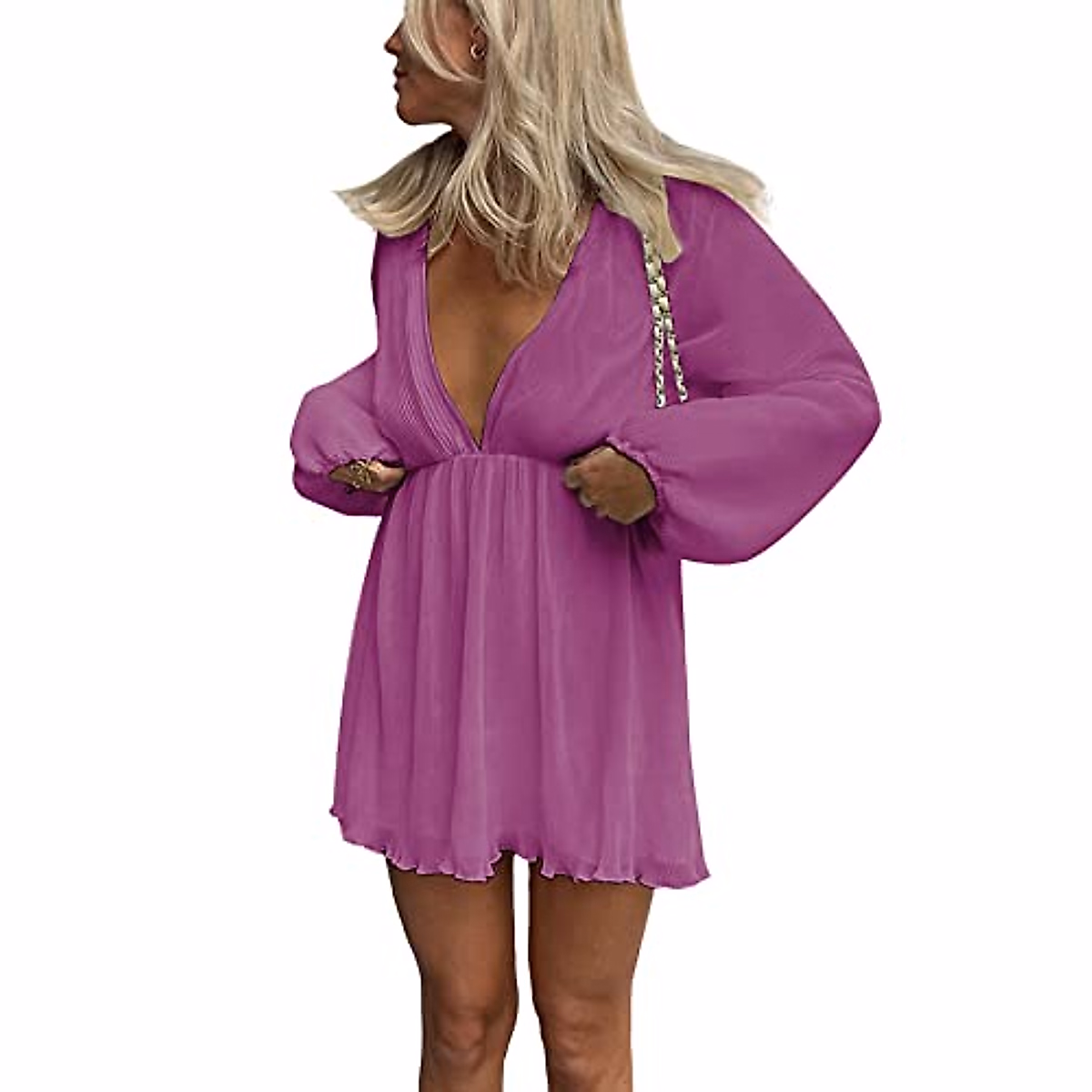 LYANER Women's Sexy Plunging V Neck Pleated Balloon Long Sleeve Short Mini Dress Solid Purple XX-Large