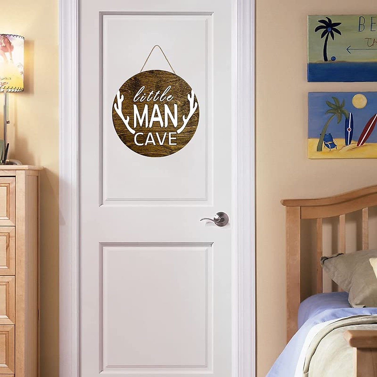 Little Man Cave, Wood Wall Sign for Nursery Bedroom Living Room Rustic Home Decor Crib Decorations Woodland Aesthetic Round Kids Gift Newborn Boys, New Mom, 12x12 in