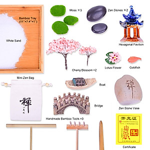 Japanese Zen Garden - Home & Office Desk Mini Garden with Rock Vase Fish Bridge Boat Cherry Trees - Meditation Gift Set for Relaxation - 3 Rake Tools and Zen Accessories (Rectangular)