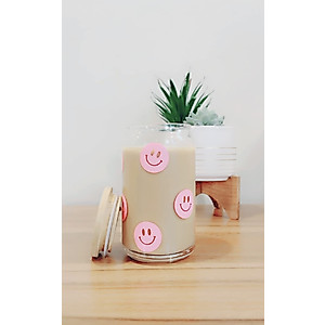 Iced Coffee Glass Cup with Bamboo Lid and Straw | 16oz Beer Can Glass | beer glass Cup | Can Shaped Glass Soda Can Cup | Pink Smiley face Glass Cup, Beer Glass Can, Glass Coffee Cup