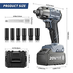 WSSEY 1/2 Inch Cordless Impact Wrench with 4.0Ah Battery, 4000mAh Capacity, 2800-2300 RPM Speeds, Ergonomic Handle, LED Work Light, Metal Hook for Hanging